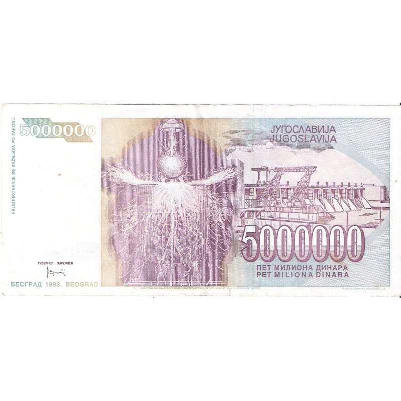 RARE YUGOSLAVIA 5000000 ( 50 00 000 ) 5 Million Dinara Note 1993 Nikola ...